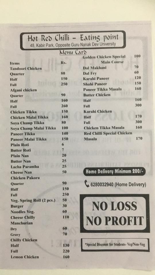 Menu at Hot Red Chilli - The Eating Point, Amritsar