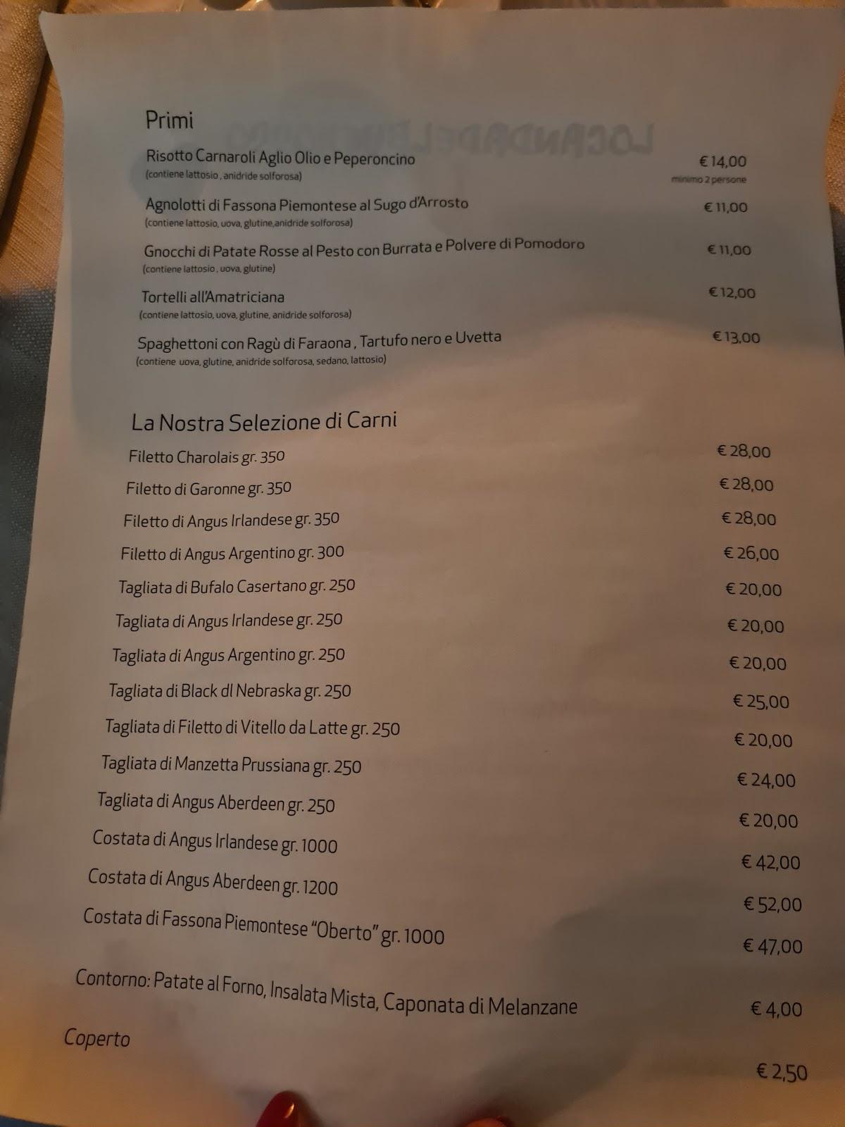 Menu at Locanda del Bue Rosso steakhouse, Vercelli