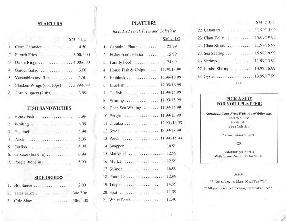 Menu at Pisces restaurant, Boston