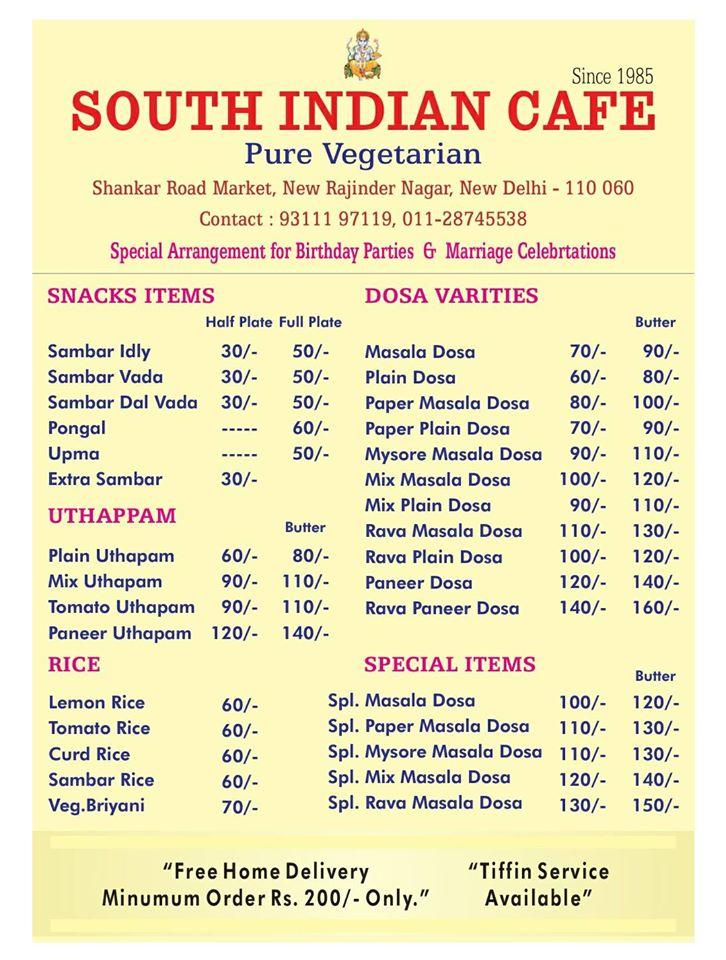 Menu at SOUTH INDIAN CAFE, Delhi, 140 Shankar Road Market