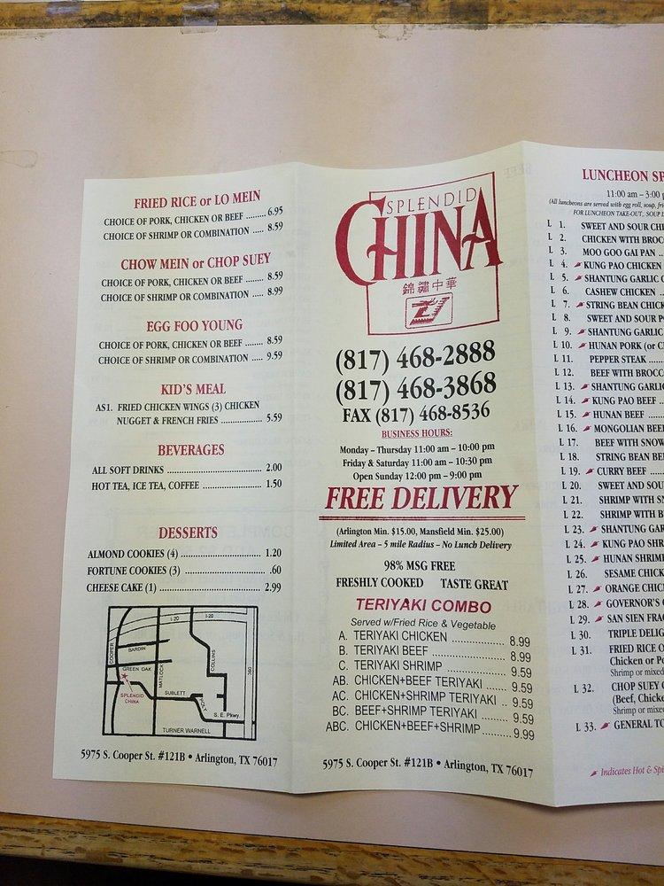 Menu at Splendid China restaurant, Arlington