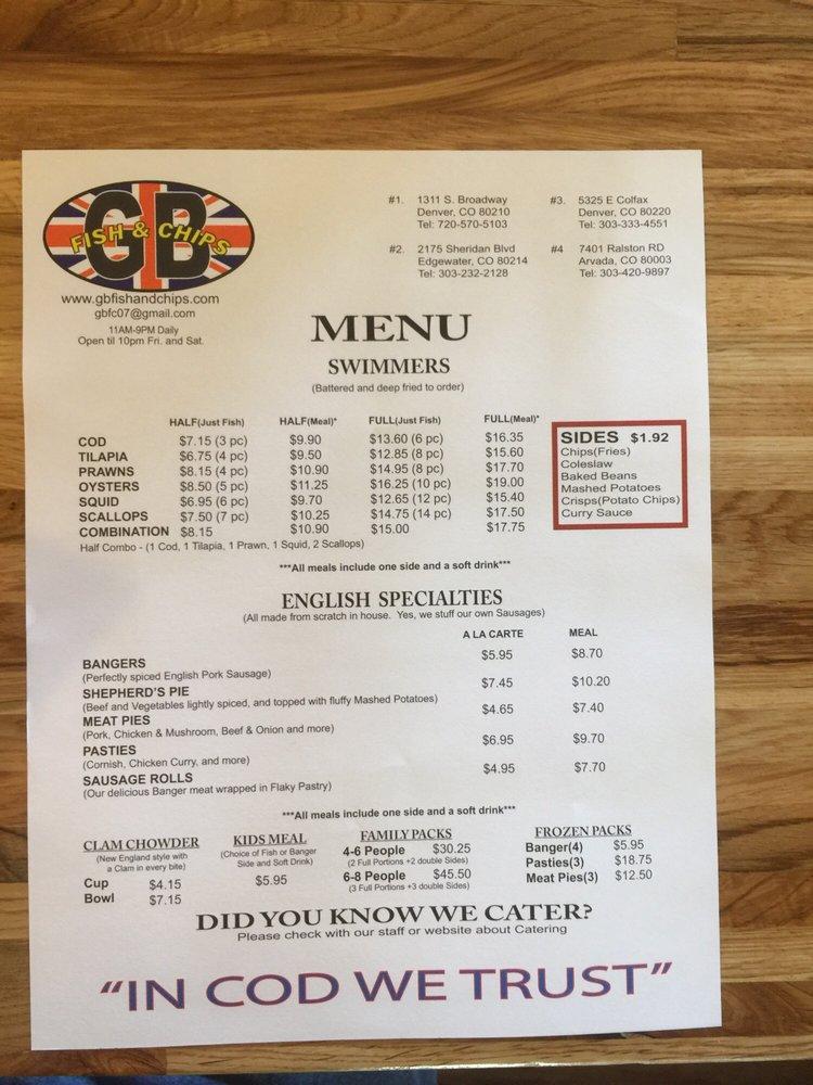 Menu at GB Fish & Chips restaurant, Arvada