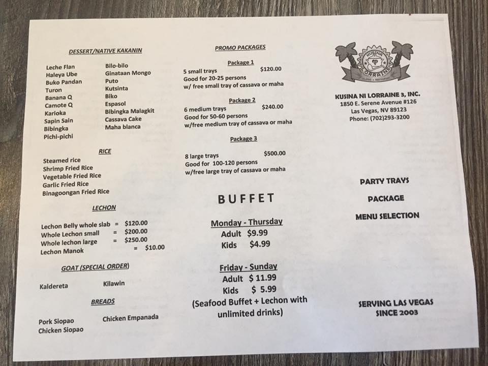 Menu at KUSINA ni Lorraine 3 restaurant, Las Vegas, 1850 E Serene Ave