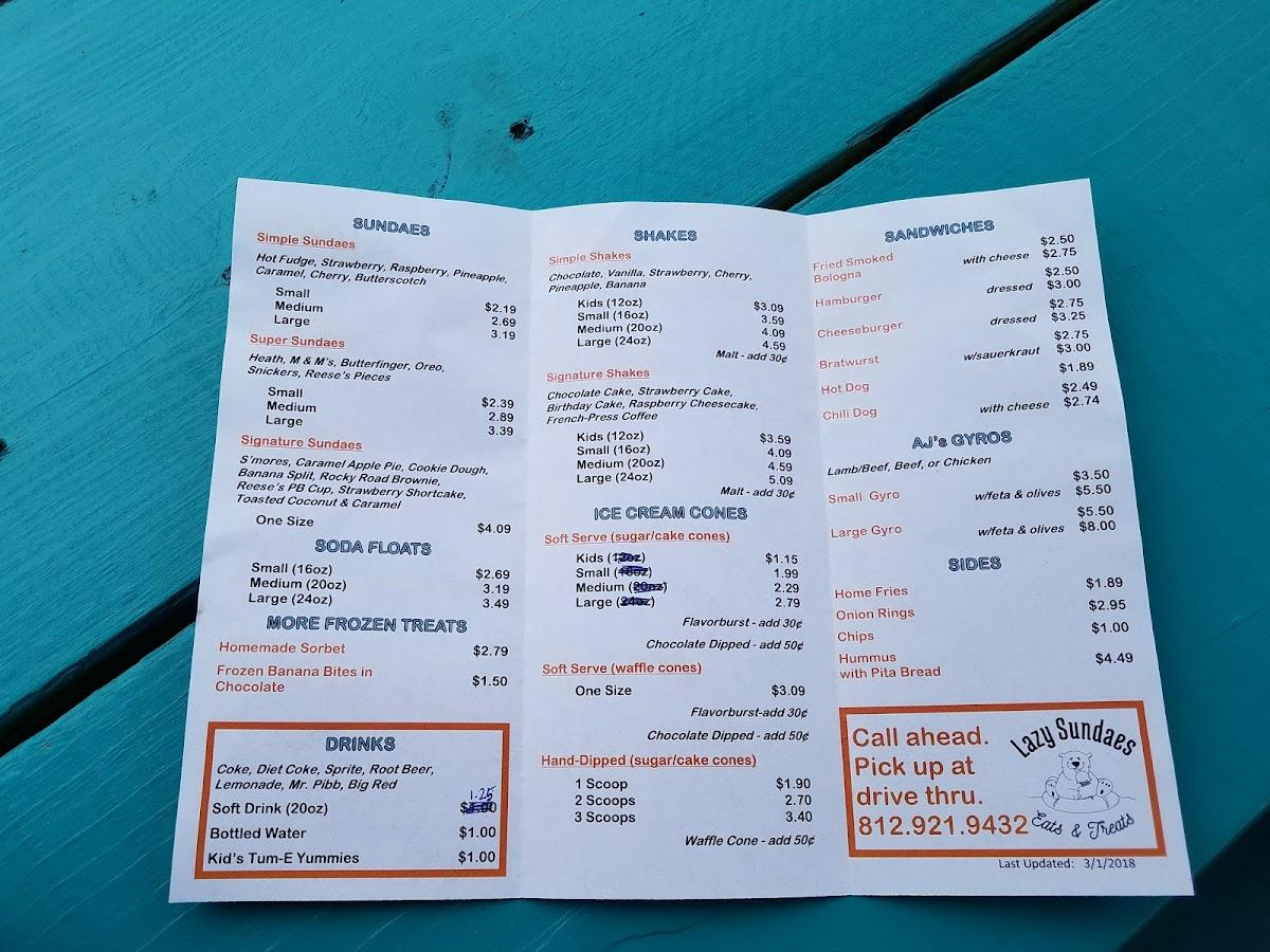 Menu at Lazy Sundaes restaurant, Georgetown