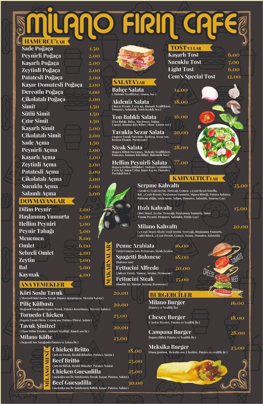 Menu at Milano fırın cafe, Aydın