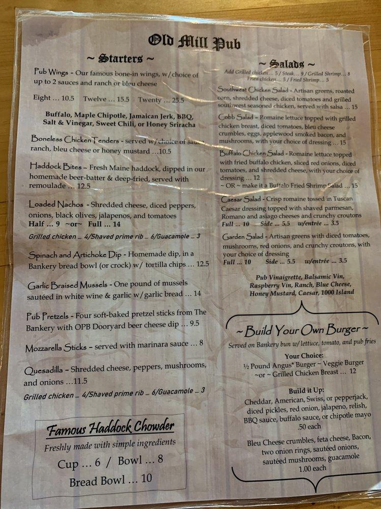 Menu at Old Mill Pub, Skowhegan