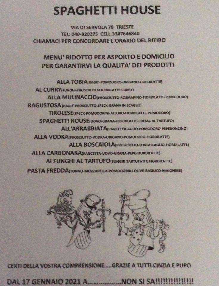 Menu da Spaghetti House Trieste ristorante, Trieste