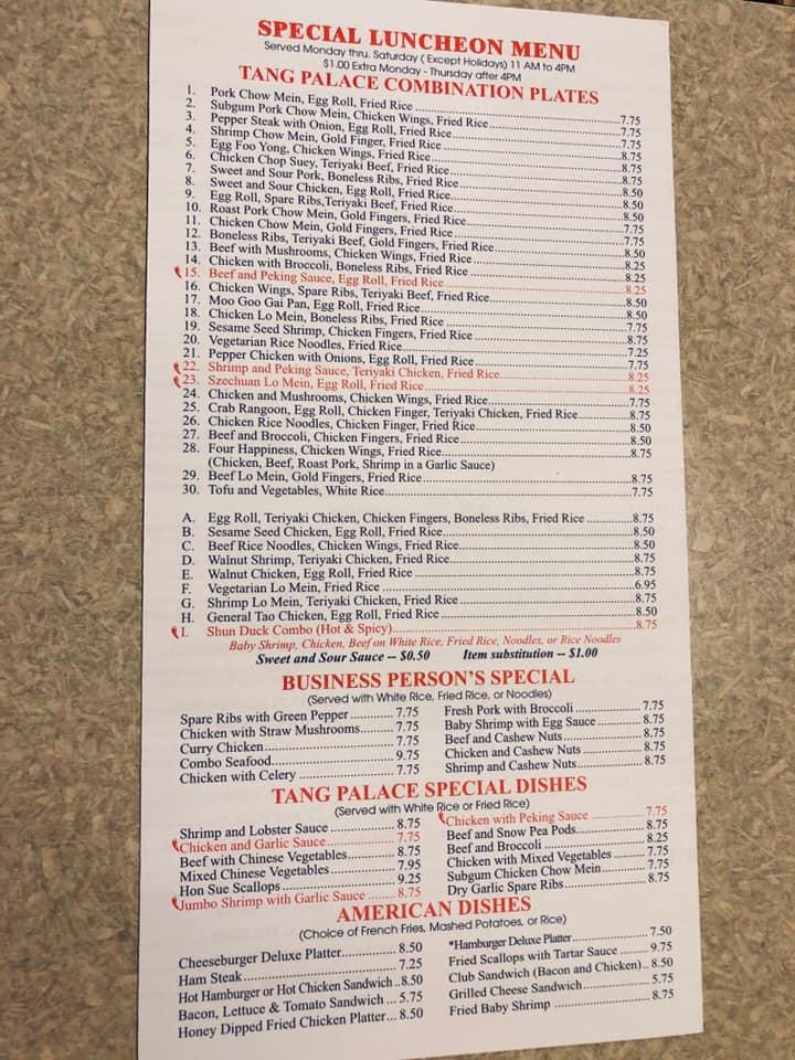 Menu at Tang Palace Restaurant, Madawaska