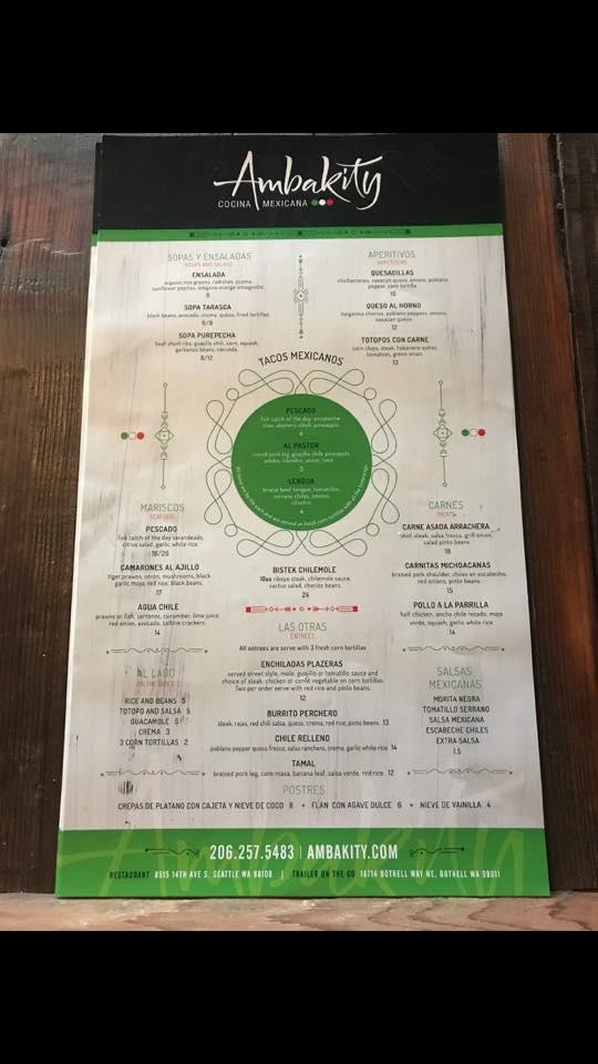 Menu at Ambakity Cocina Mexicana restaurant, Seattle, 14th Ave S