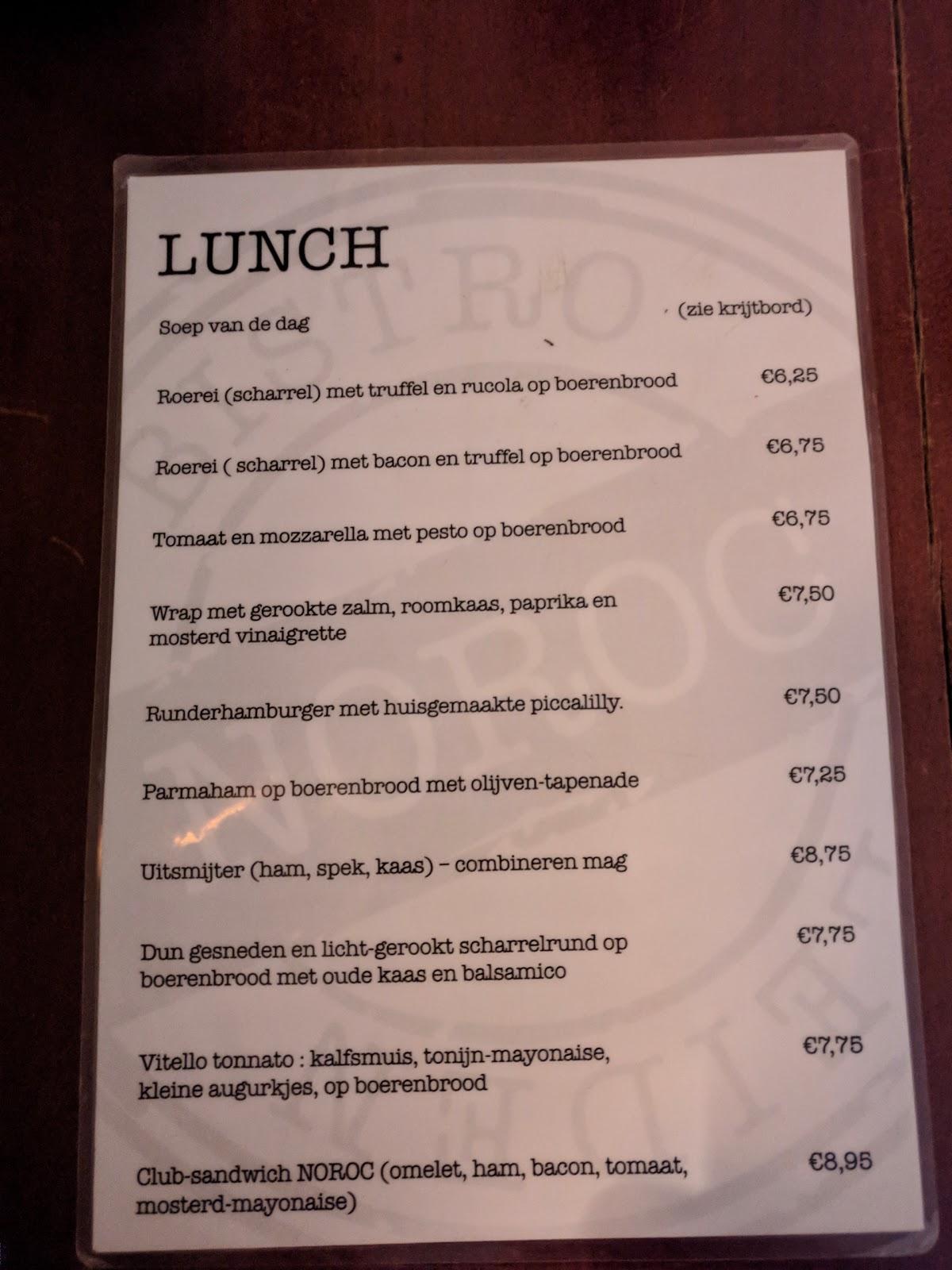 Menu at Bistro Noroc, Leiden