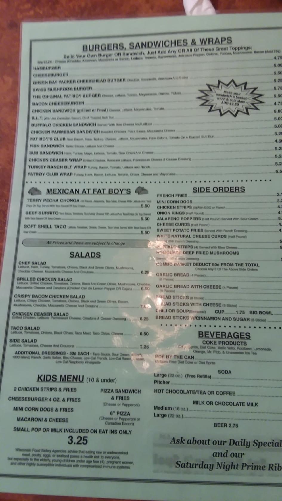 Menu at Fat Boy's Pizza pizzeria, Bloomer