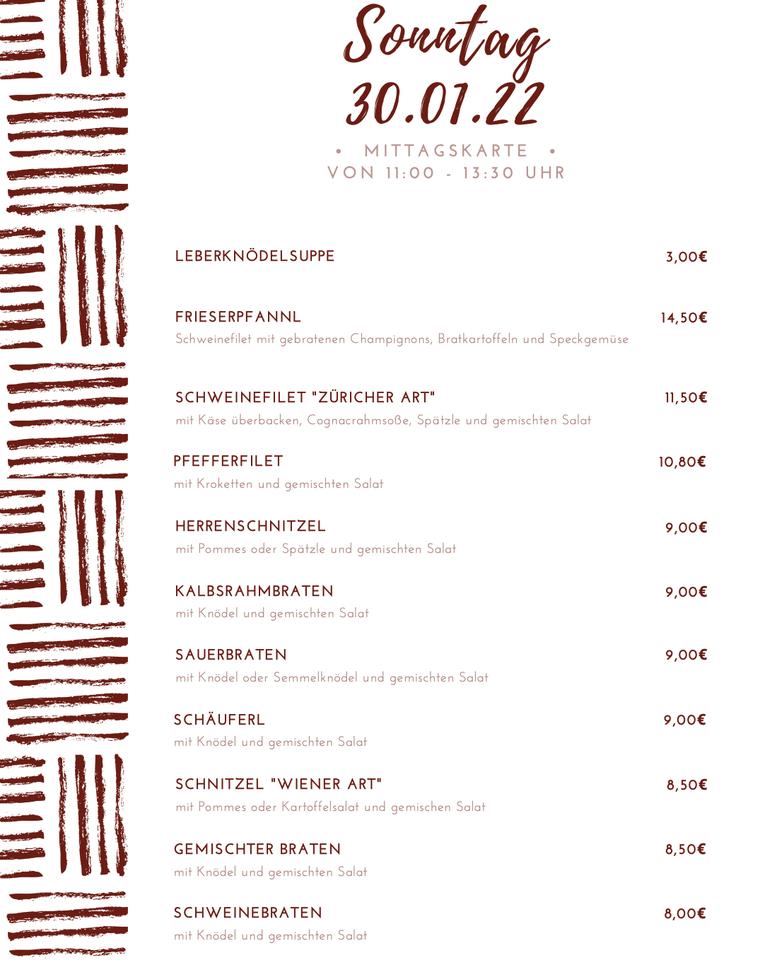 Menu at Gasthaus Frieser restaurant, Kohlberg