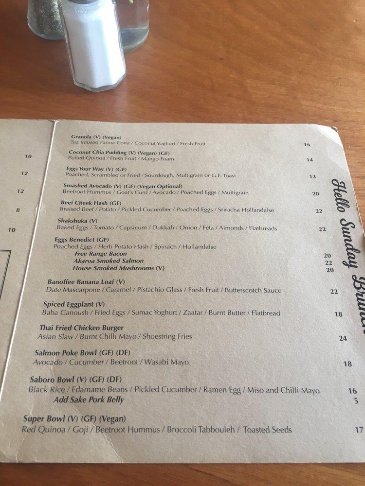 Menu at Hello Sunday cafe, Christchurch