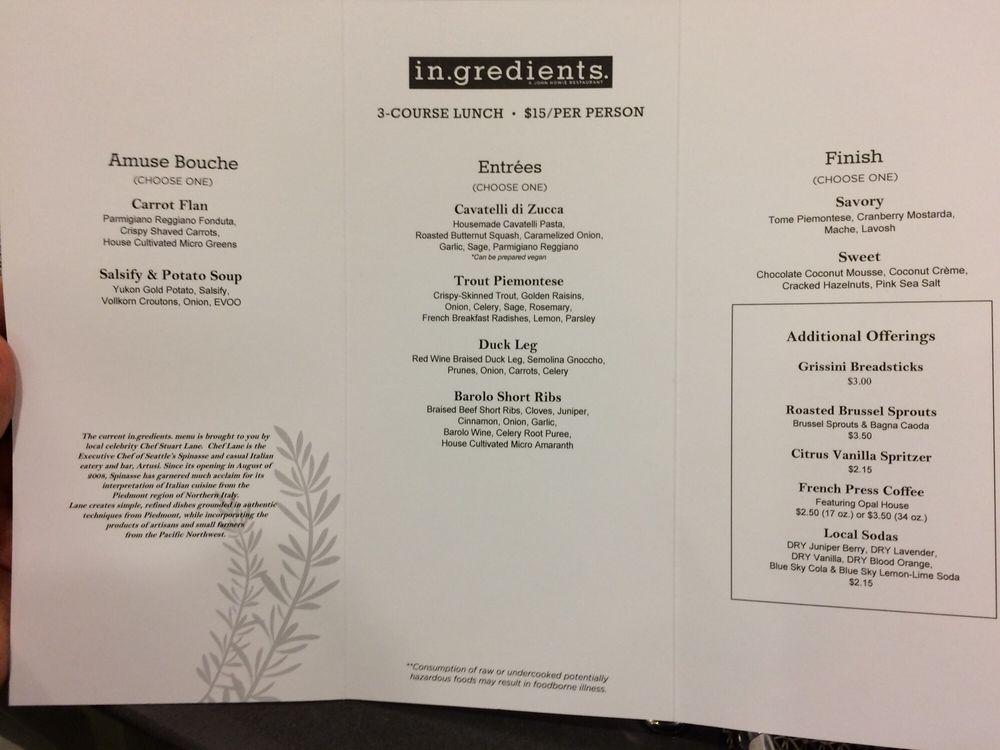 Menu at In.gredients restaurant, Redmond