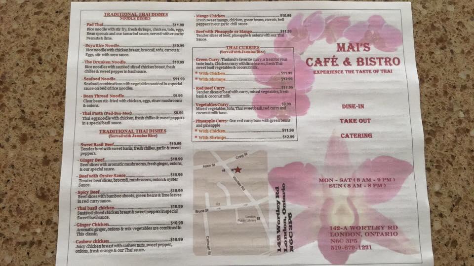 Menu at Mai's Café & Bistro, London