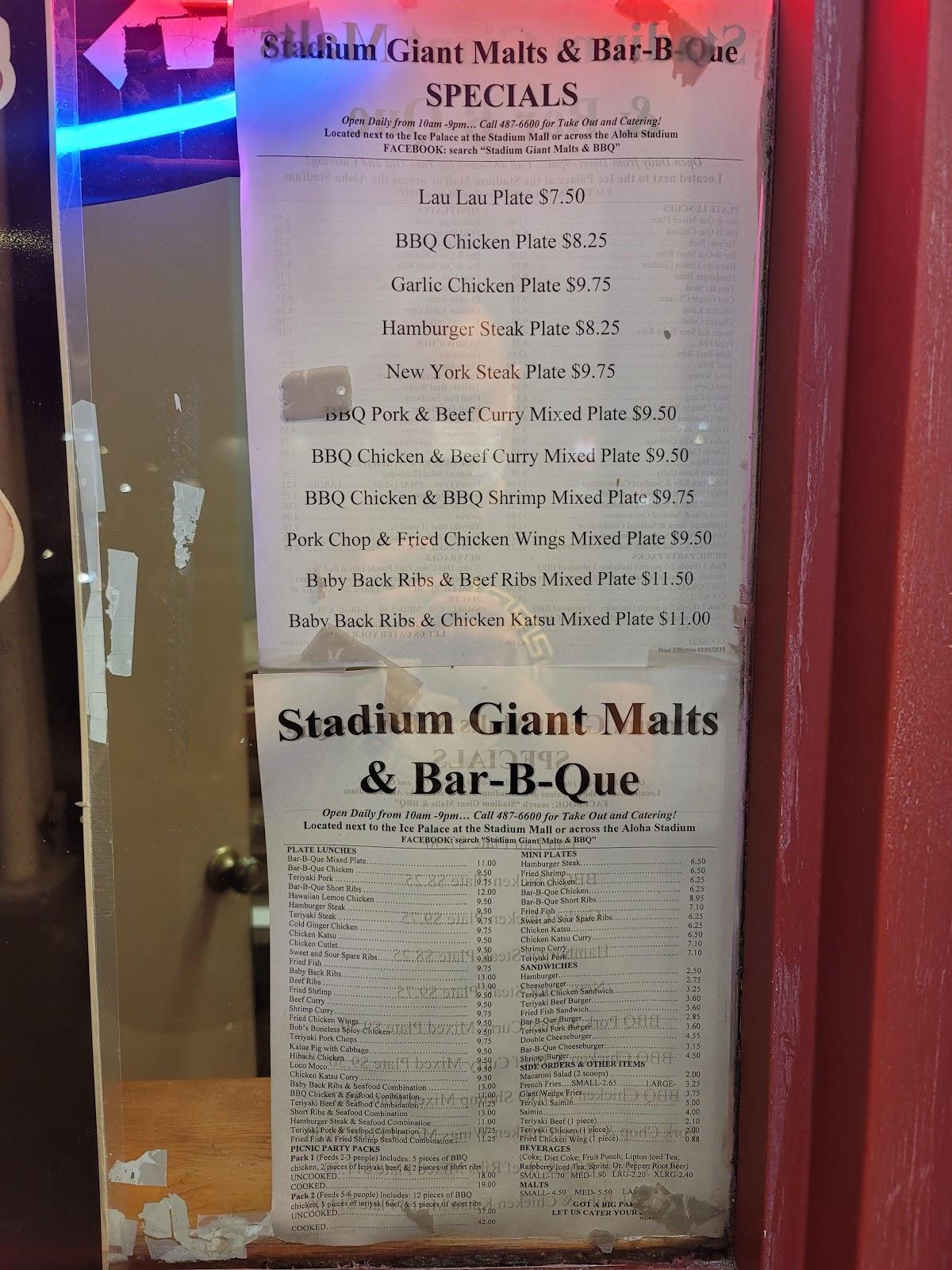 Menu at Stadium Giant Malts & Bar-B-Que, Honolulu