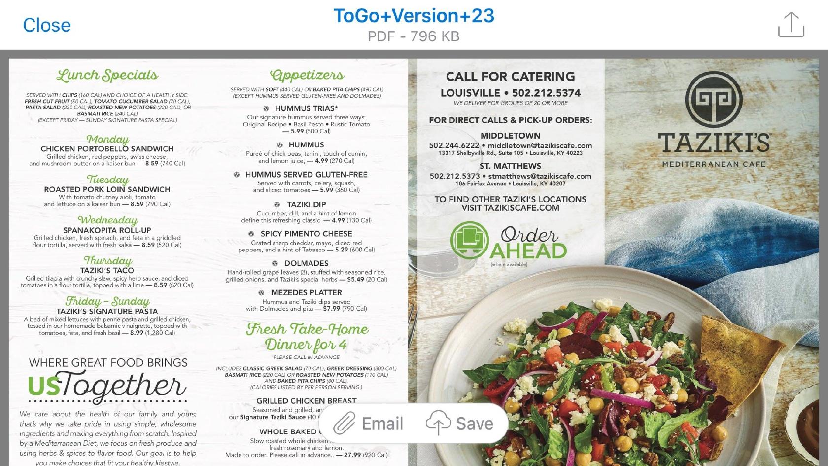 Menu at Taziki's Mediterranean Cafe - St. Matthews, Louisville, 106 ...