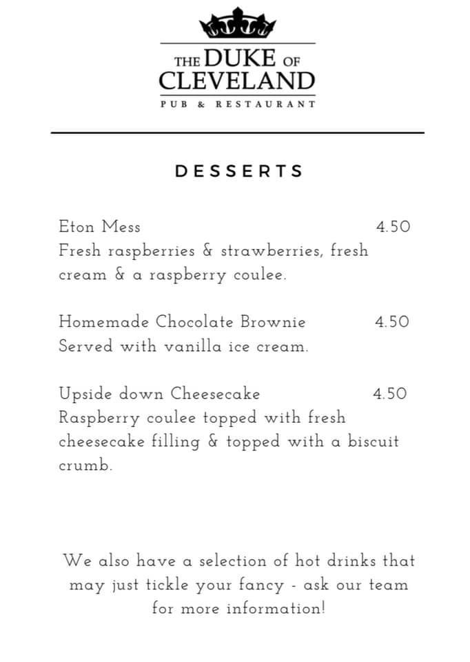 Menu at Duke of Cleveland restaurant, Hartlepool