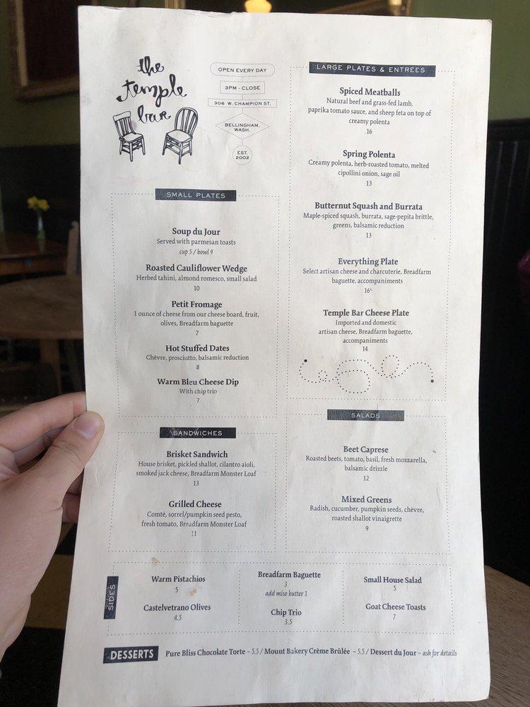 Menu at The Temple Bar, Bellingham