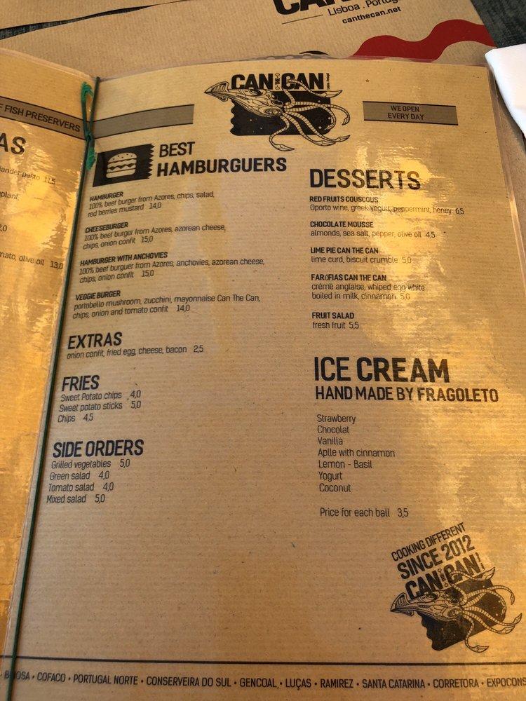 Menu at Can the Can Lisboa restaurant, Lisbon, Praça do Comércio 82 83