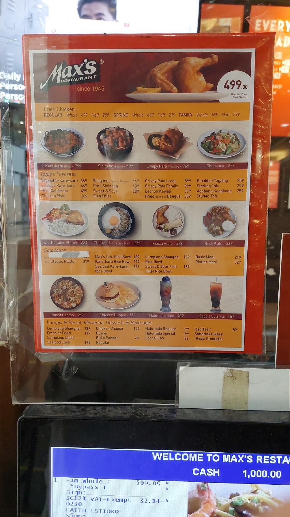 Menu at Max’s Restaurant, Bacolod, North Wing Reclamation Area SM Bacolod