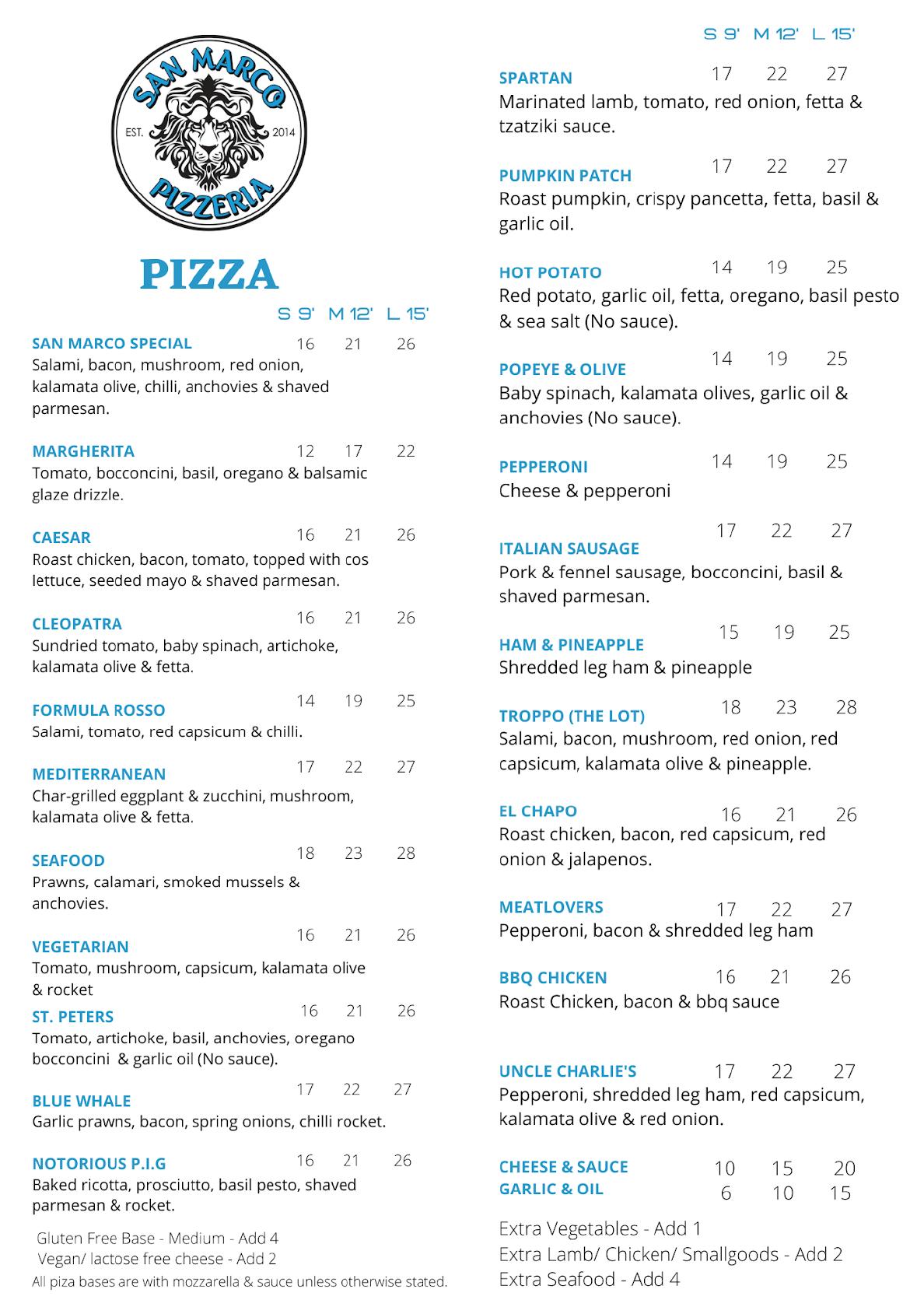 Menu at San Marco Pizzeria, Saint Peters