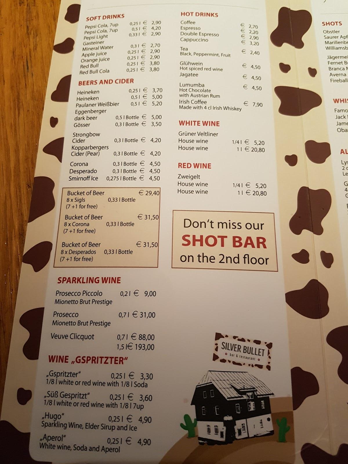 Menu at Silver Bullet Bar, Badgastein