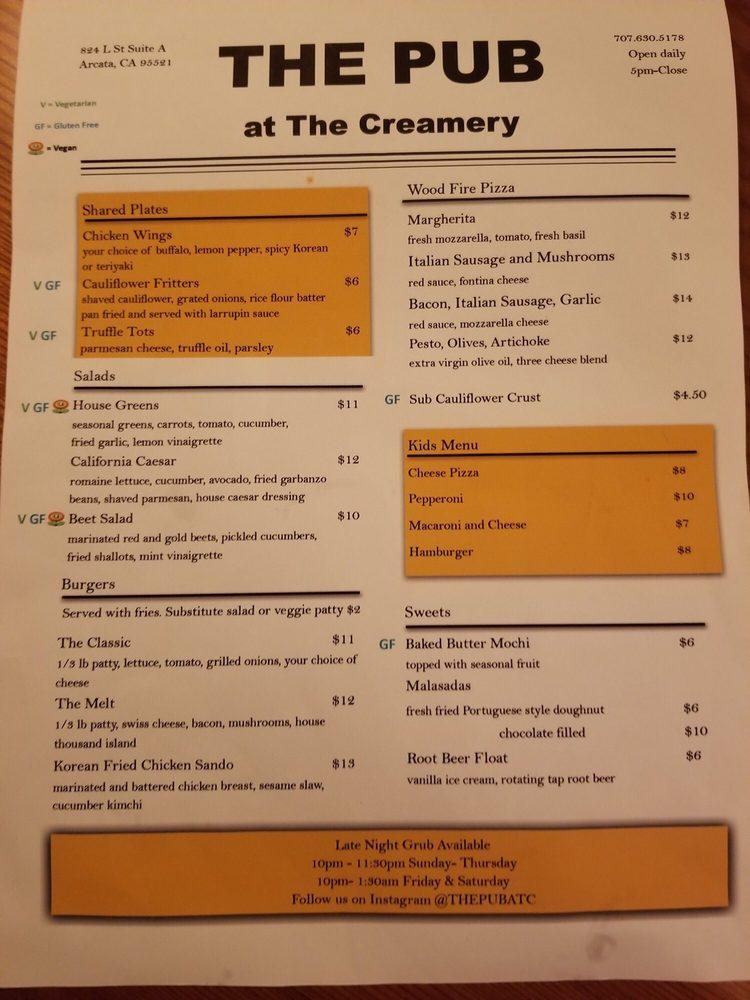 Menu at The Pub at The Creamery, Arcata