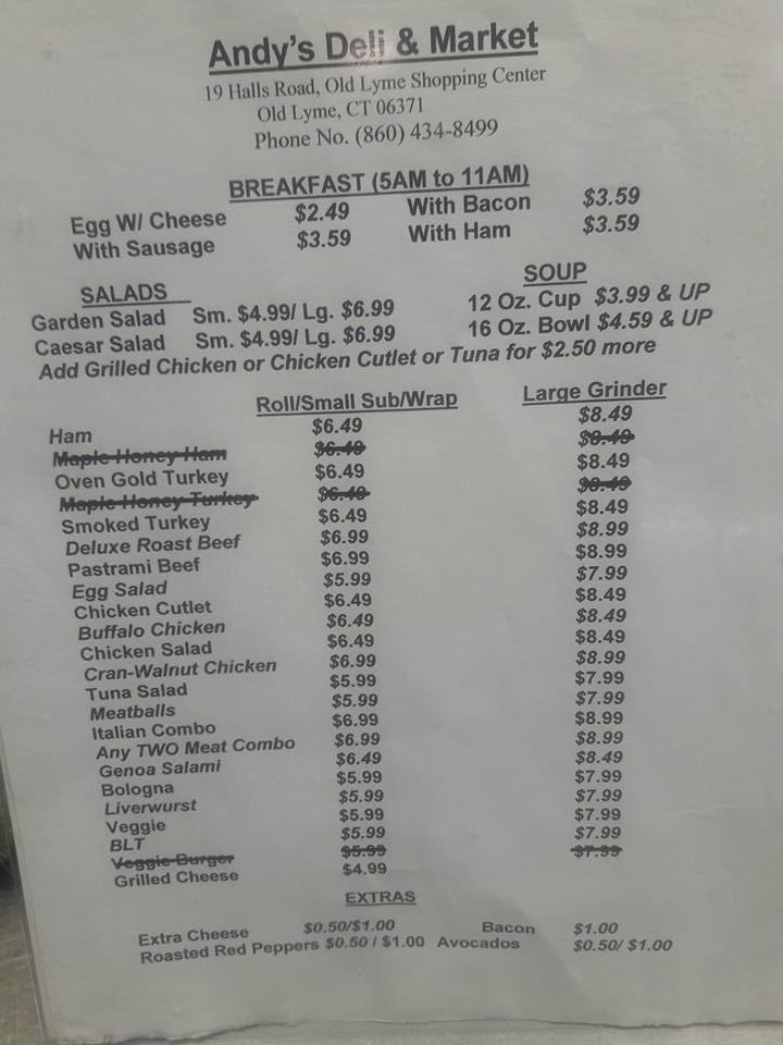 Menu at Andy's Deli & Market restaurant, Old Lyme