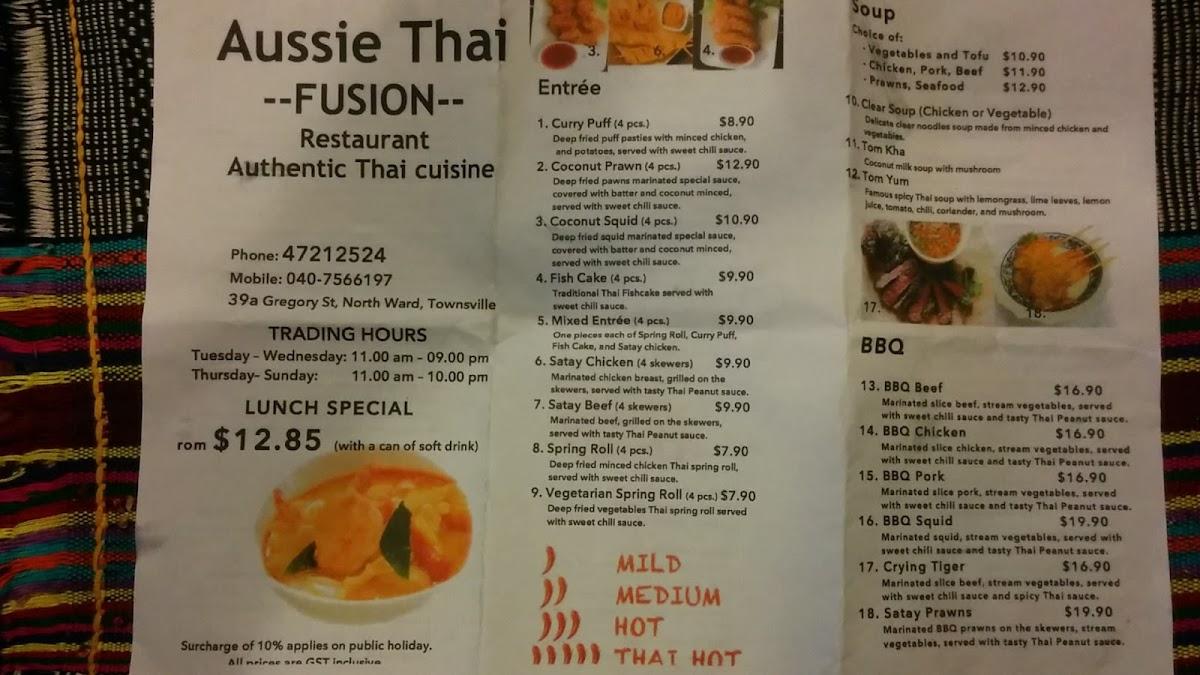 Menu at Aussie Thai Fusion restaurant, North Ward