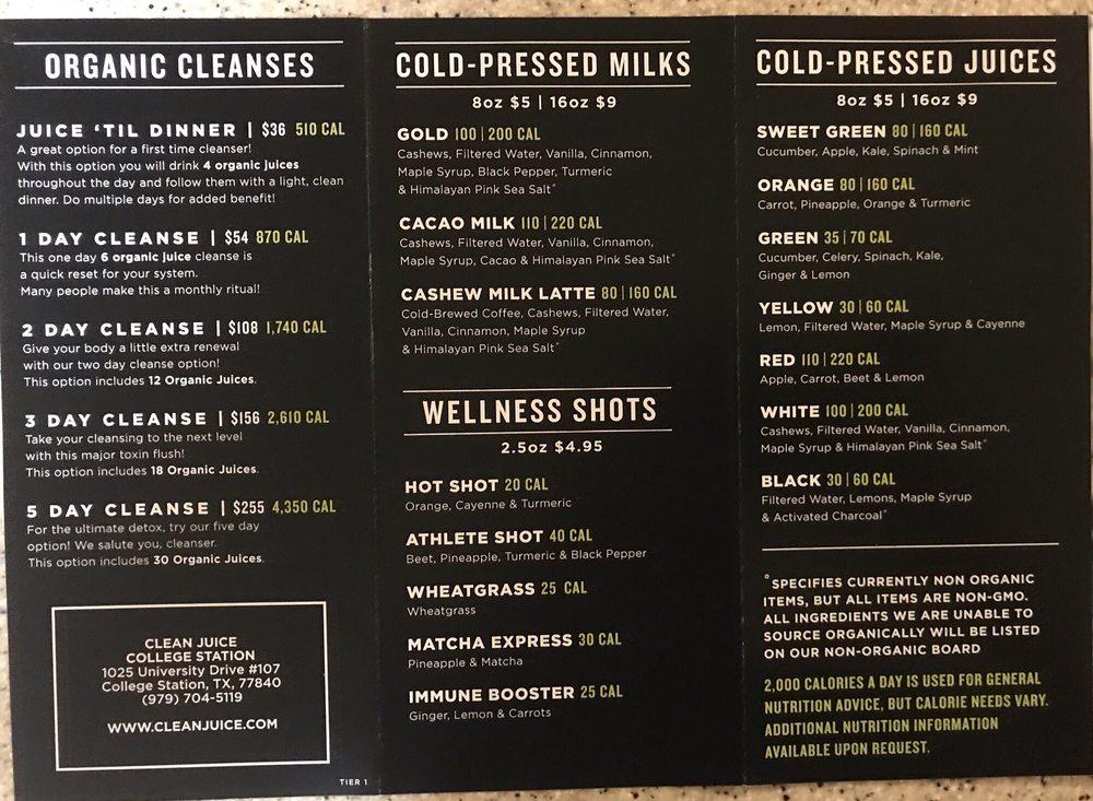 Menu at Clean Juice pub & bar, College Station, University Dr Suite 107