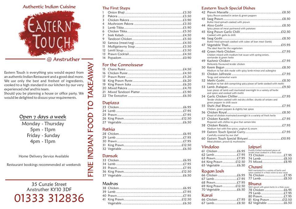 Menu at Eastern Touch at Anstruther restaurant, Anstruther