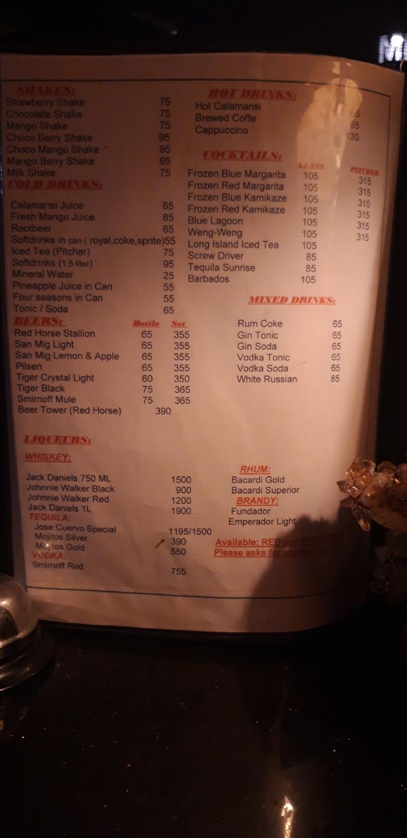 Carta de Flyover Cafe, Cebú