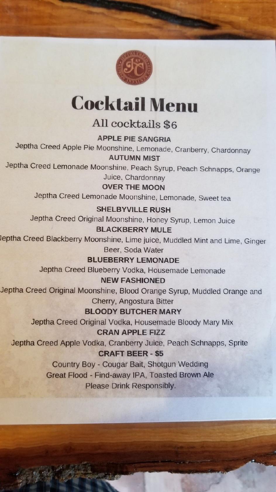 Menu at Jeptha Creed pub & bar, Shelbyville
