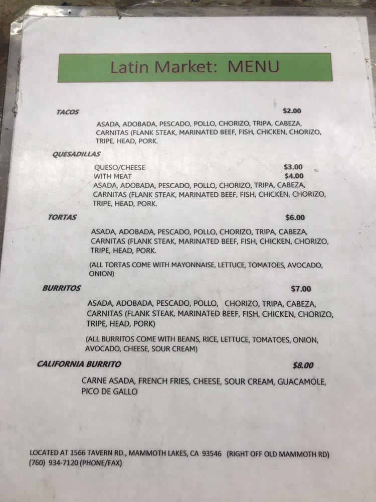 Menu at Latin Market restaurant, Mammoth Lakes