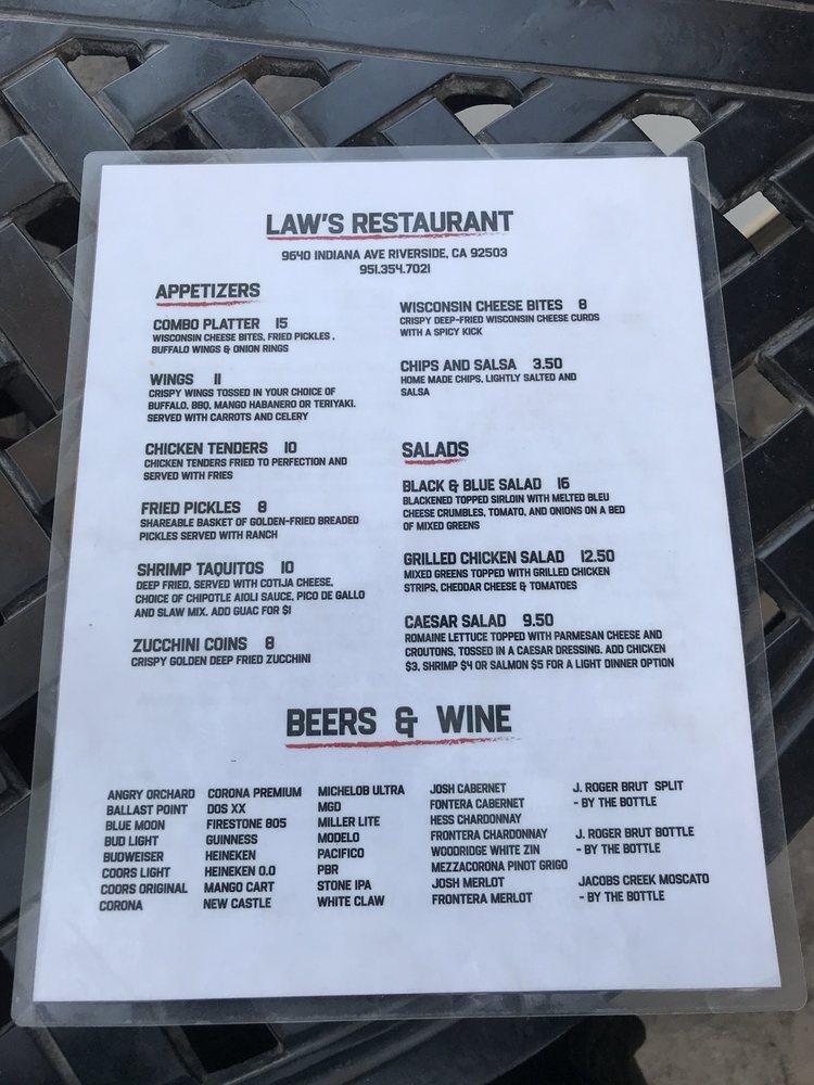 Menu at Law's Restaurant, Riverside