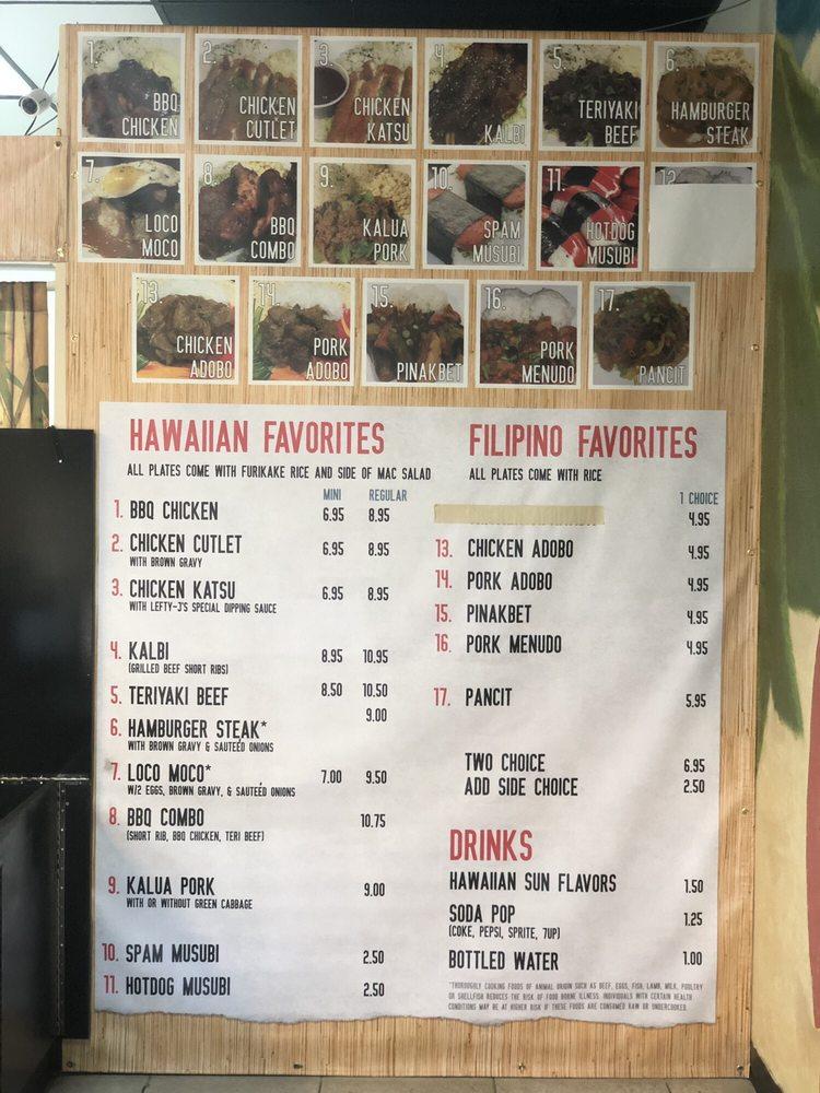 Menu at Lefty-J's Island Favorites restaurant, Las Vegas