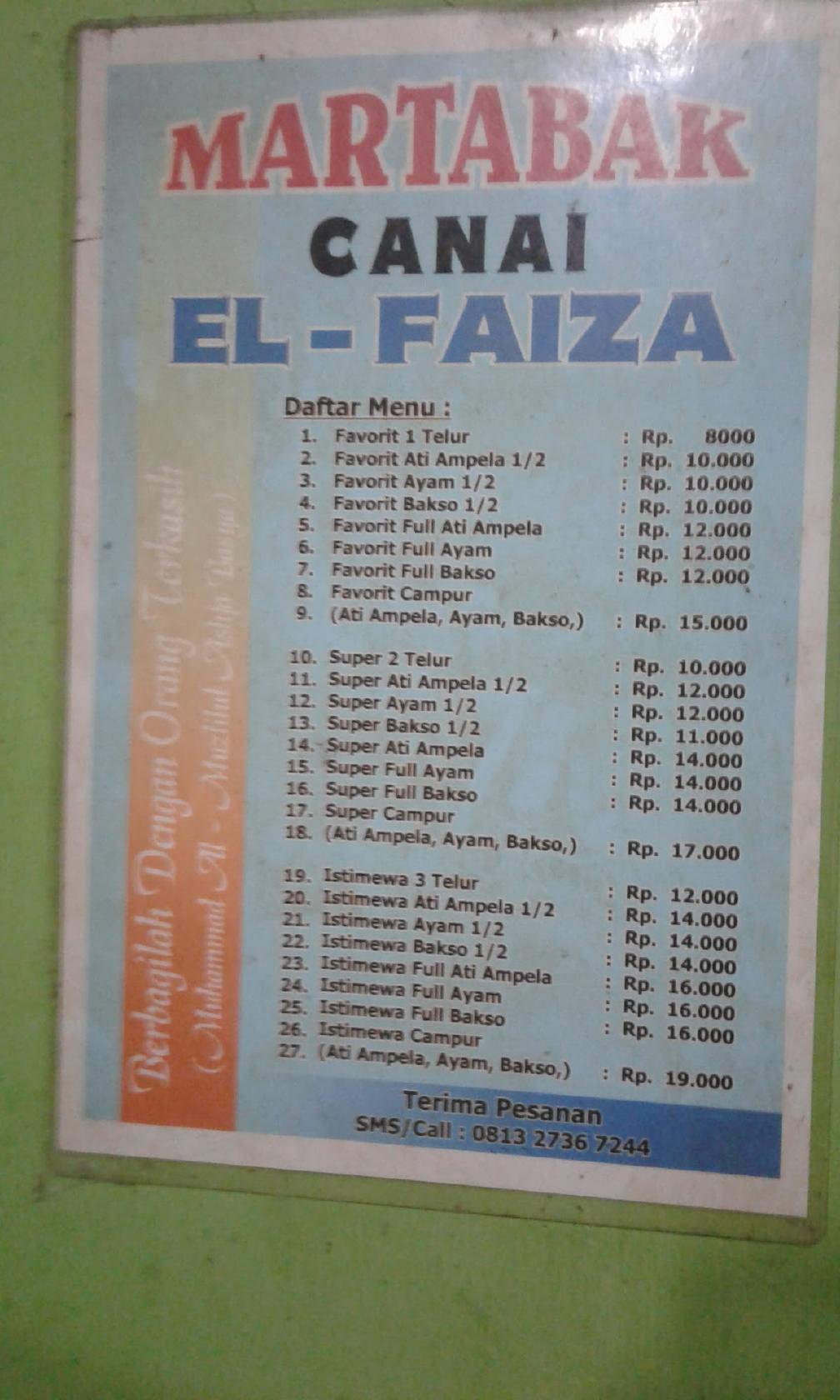 Menu at Martabak Canai El-Faiza restaurant, Indonesia