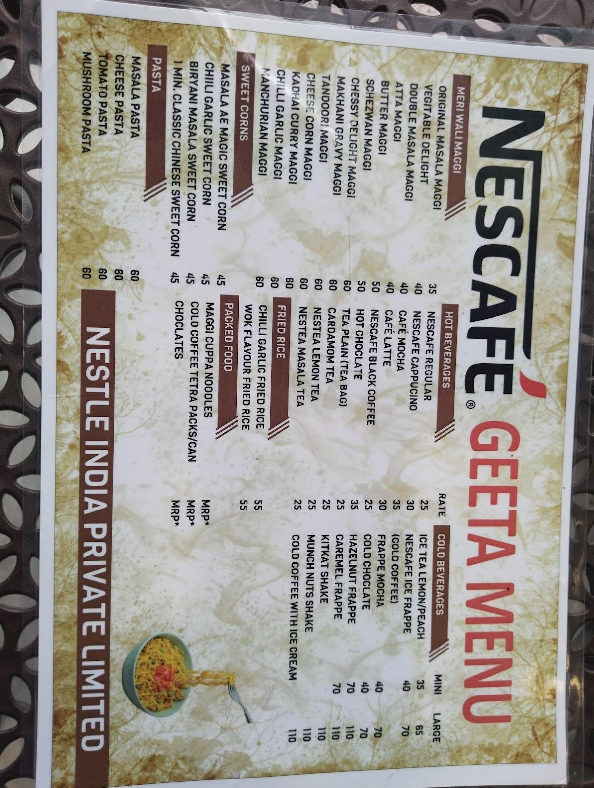 Menu at NESCAFE, GEETA UNIVERSITY, Naultha