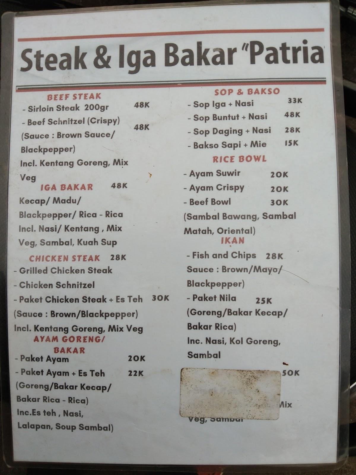 Menu at Steak & Iga Bakar Patria, Pontianak