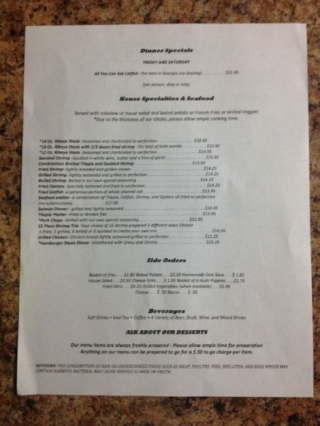 Menu at Steve's Steak & Seafood steakhouse, Macon
