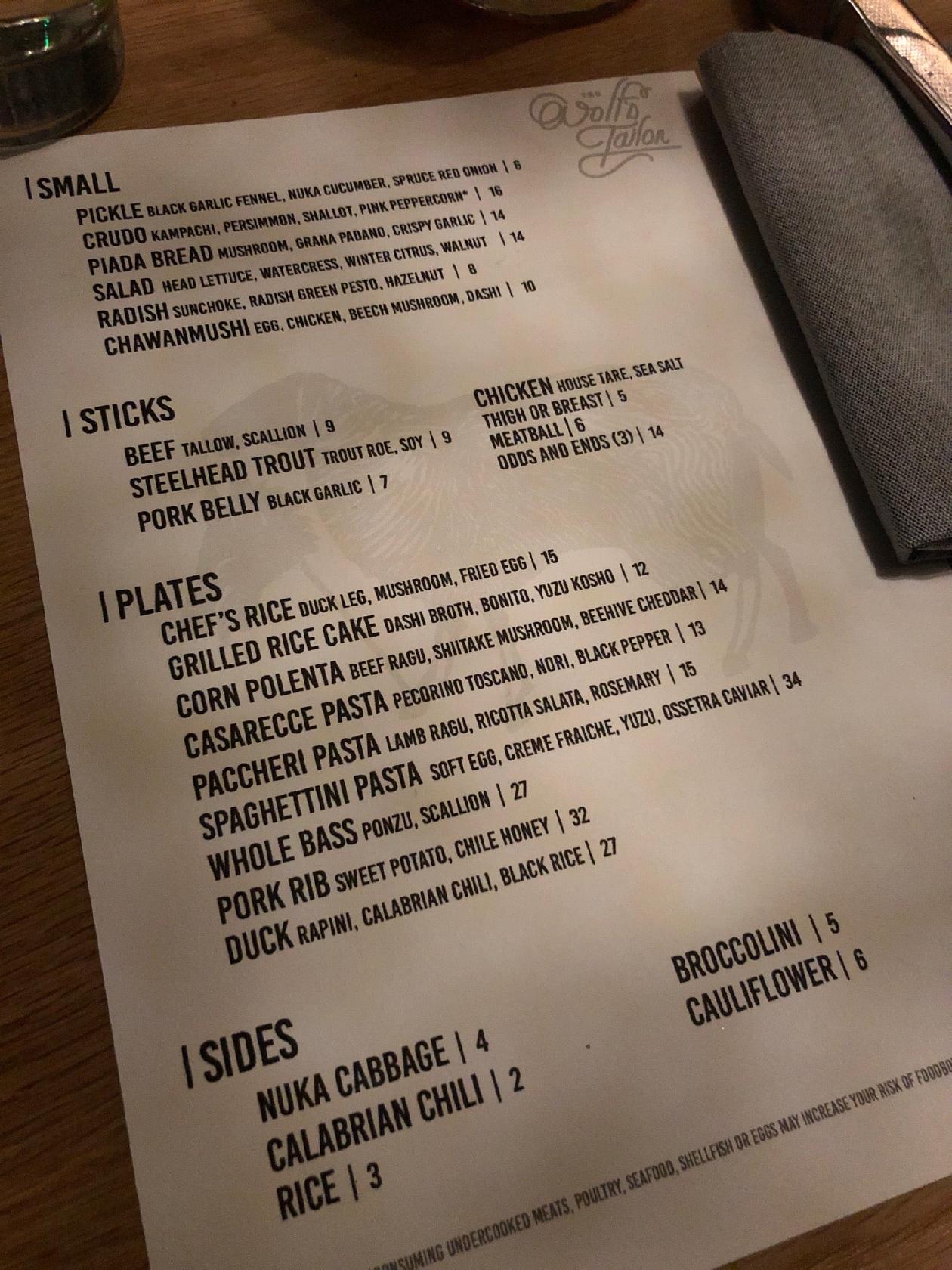 Menu at The Wolf's Tailor restaurant, Denver