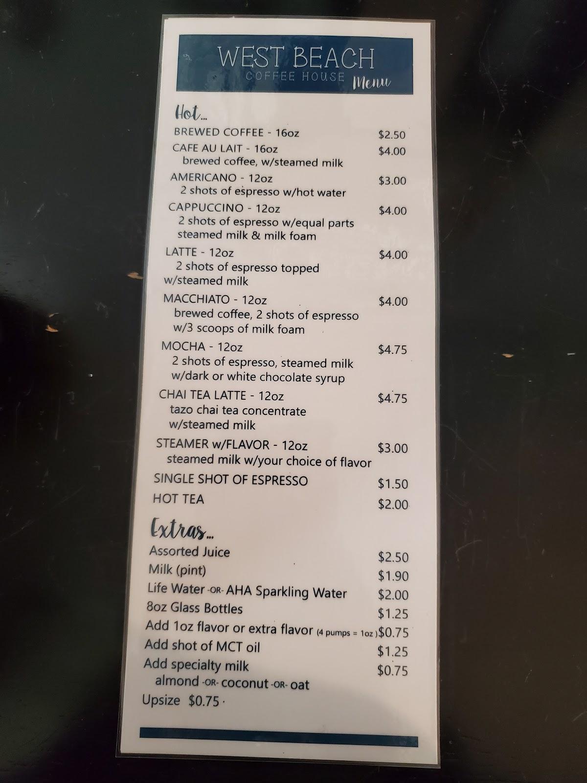 Menu at West Beach Coffee House, Gulf Shores
