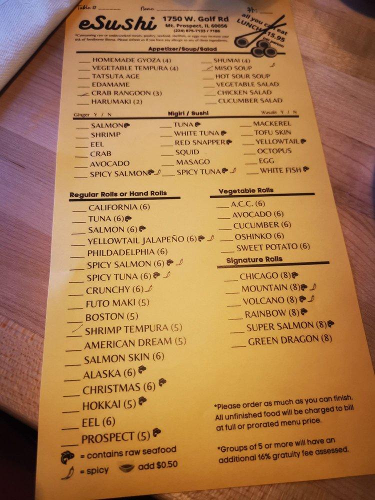 Menu at eSushi restaurant, Mount Prospect