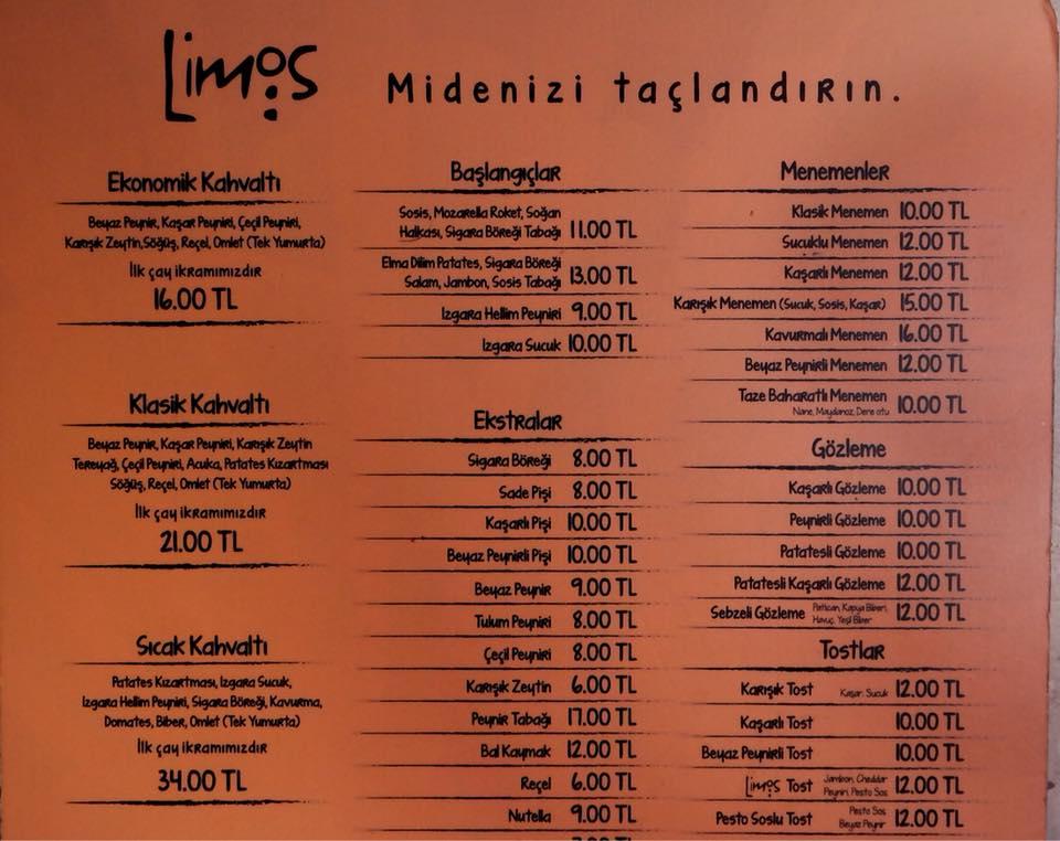 Menu at limos cafe, Istanbul, Çelebi Oğlu Sk. No:11