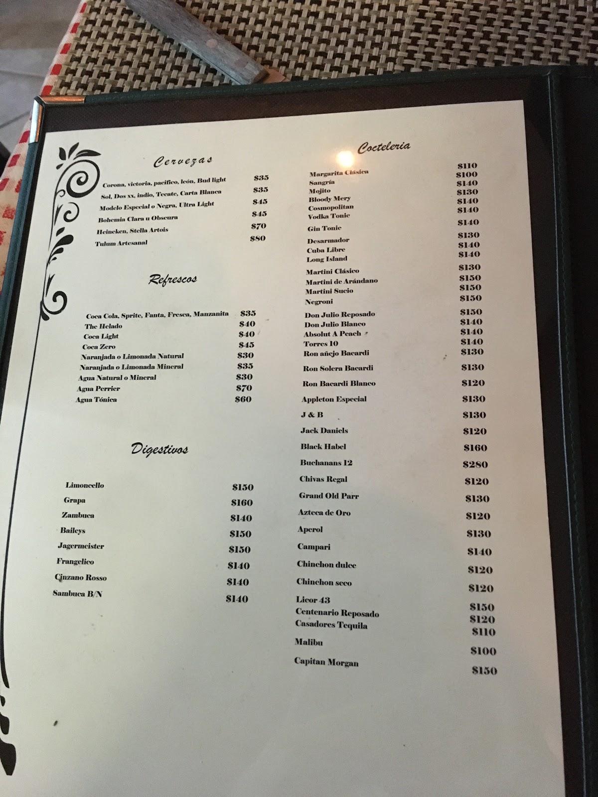 Menu at Bella Italia pizzeria, Playa del Carmen