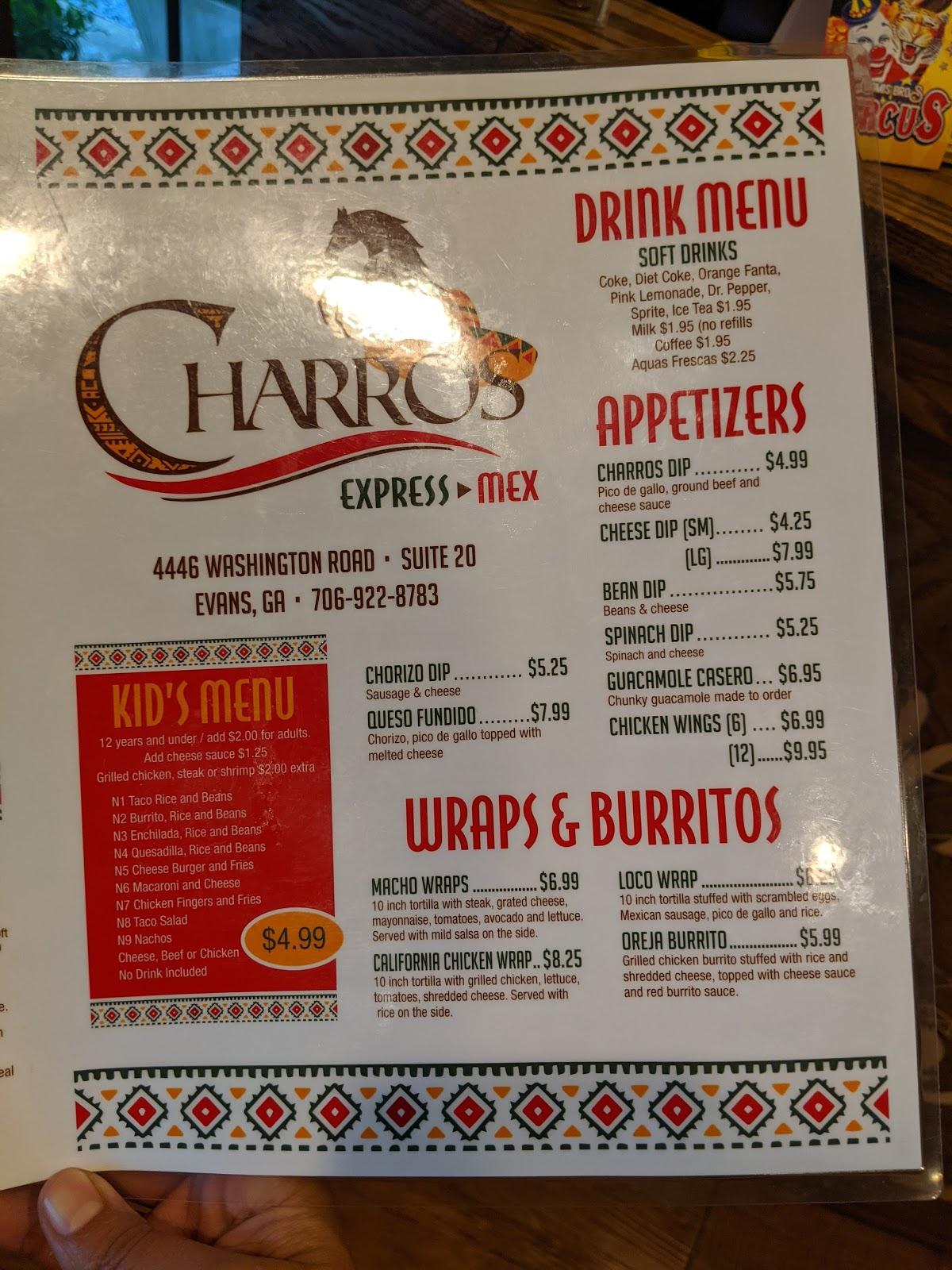 Menu at Charros Express Mex restaurant, Evans