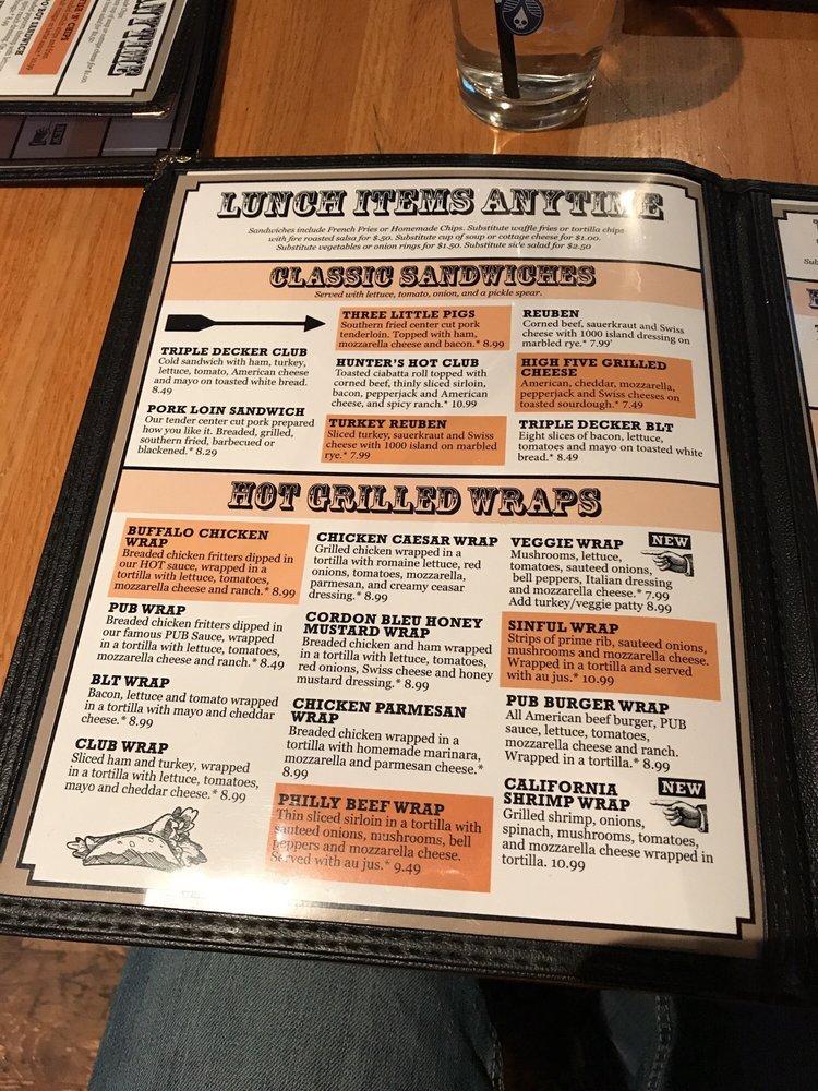 Menu at Hunter’s Pub, West Lafayette