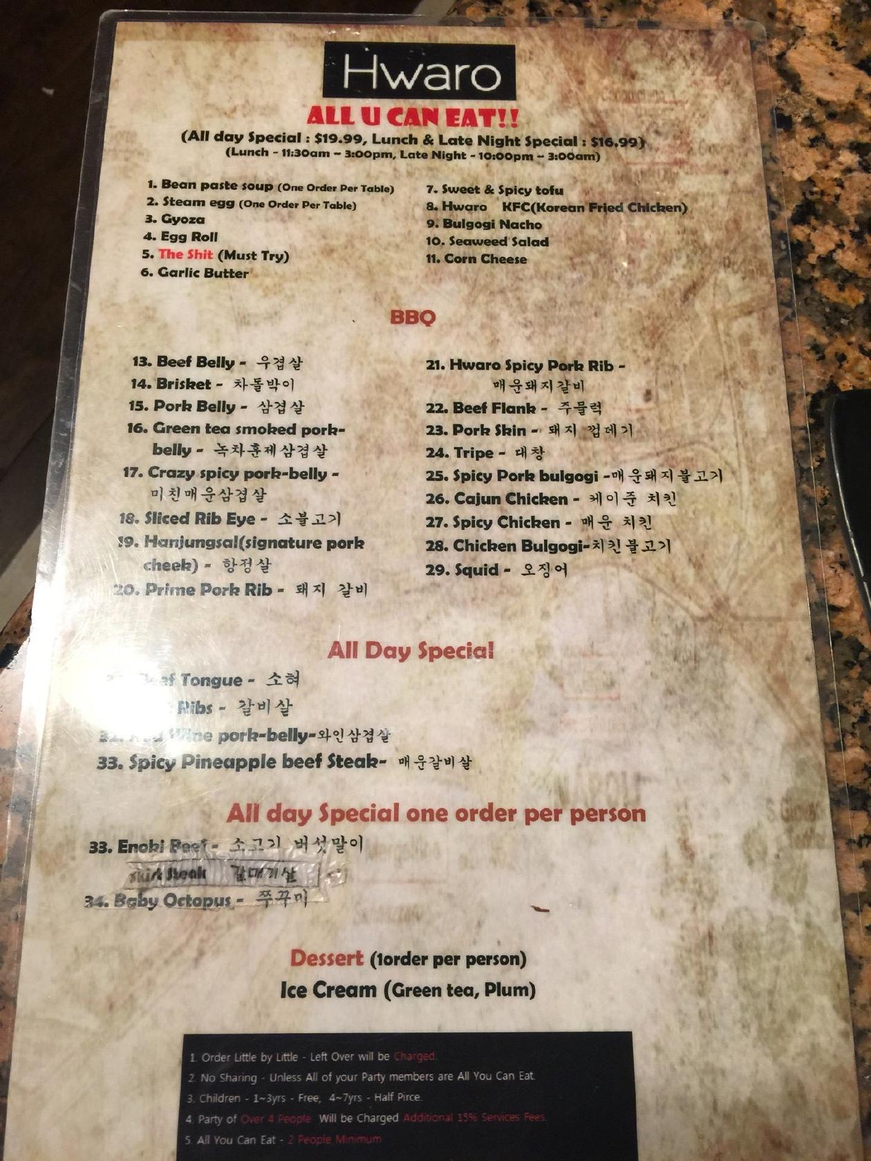 Menu at Hwaro BBQ, Las Vegas