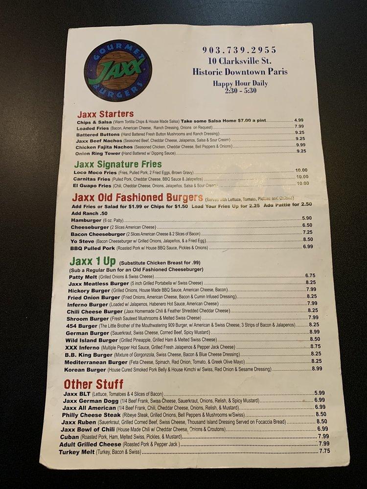 Menu at Jaxx Burgers restaurant, Paris